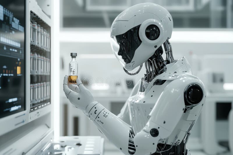 Robotic Scientist Examines Vial of Liquid in Sterile Laboratory ...