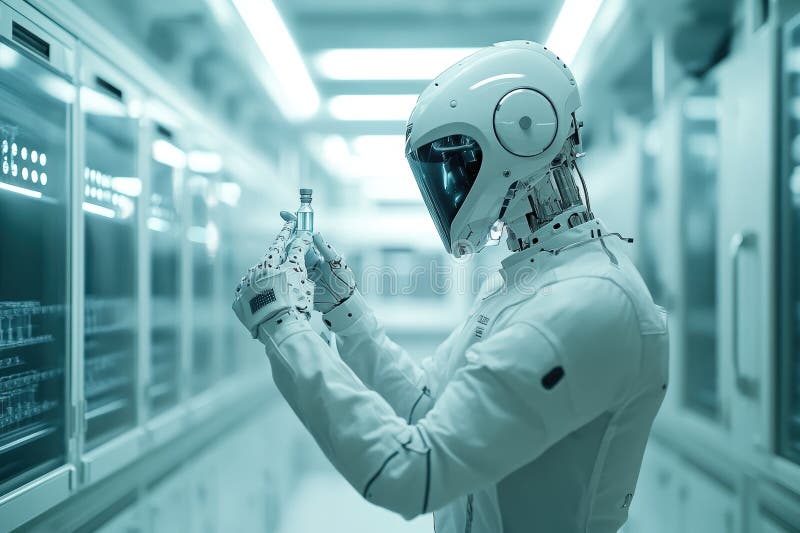 Robotic Scientist Examines Vial in Sterile Lab Environment with ...