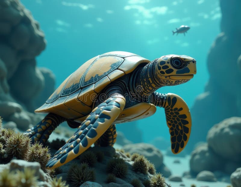 Robotic Sea Turtle in Underwater Scene Stock Illustration ...