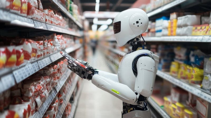 Robotic Shopper in Grocery Store Aisle Navigating Product Selection ...