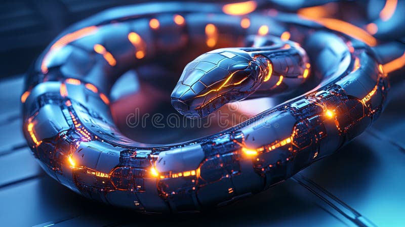 A Robotic Snake with Segmented Metallic Skin and Glowing Circuits Stock ...
