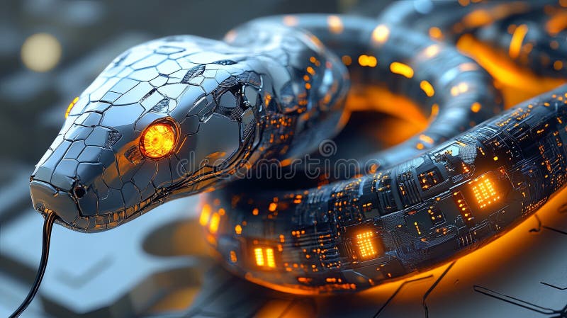 A Robotic Snake with Segmented Metallic Skin and Glowing Circuits Stock ...
