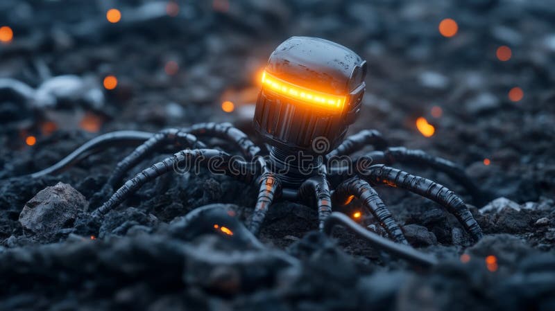Futuristic Robotic Spider Emerging from Volcanic Terrain with Glowing ...