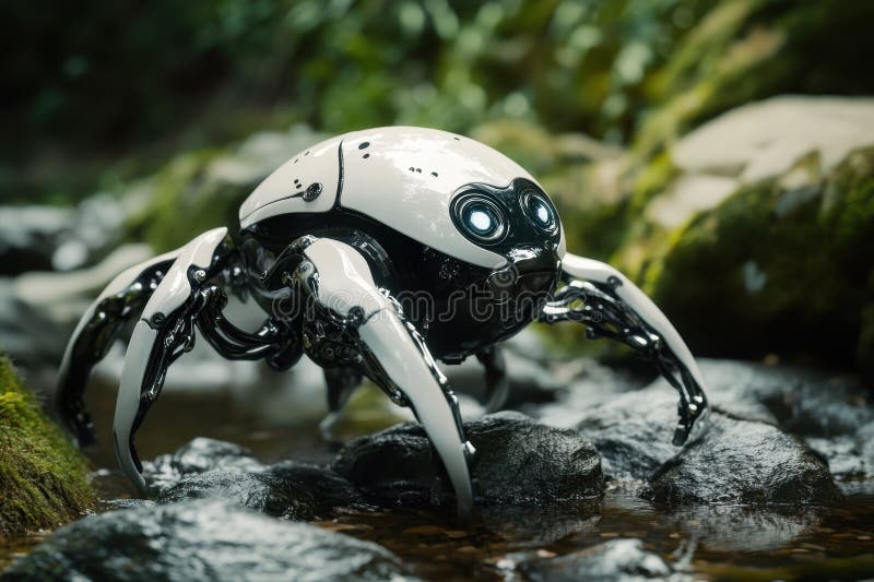 Robotic Spider Exploring a Rocky Stream in a Lush Forest Setting Stock ...