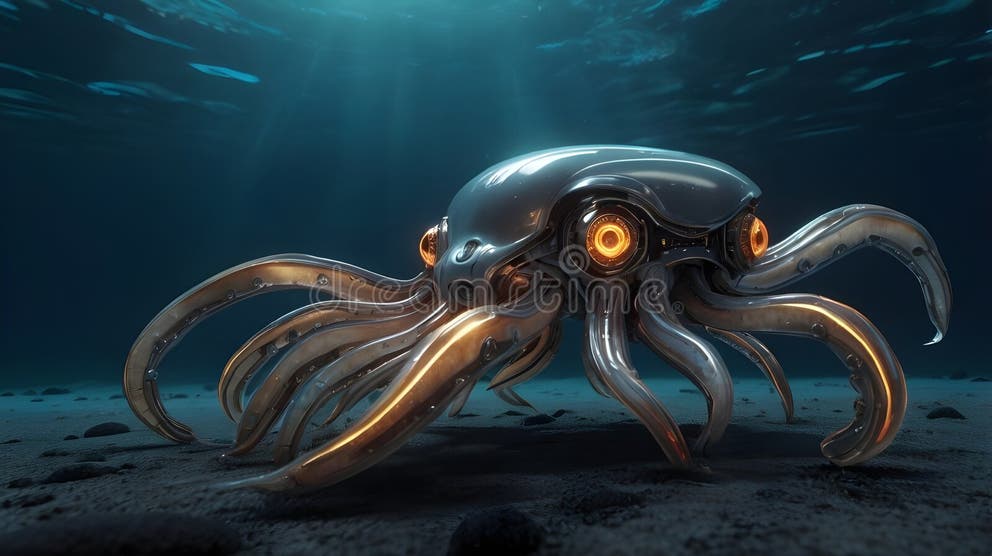 Robotic Squid Under the Sea with a Sleek Metallic Design Stock ...