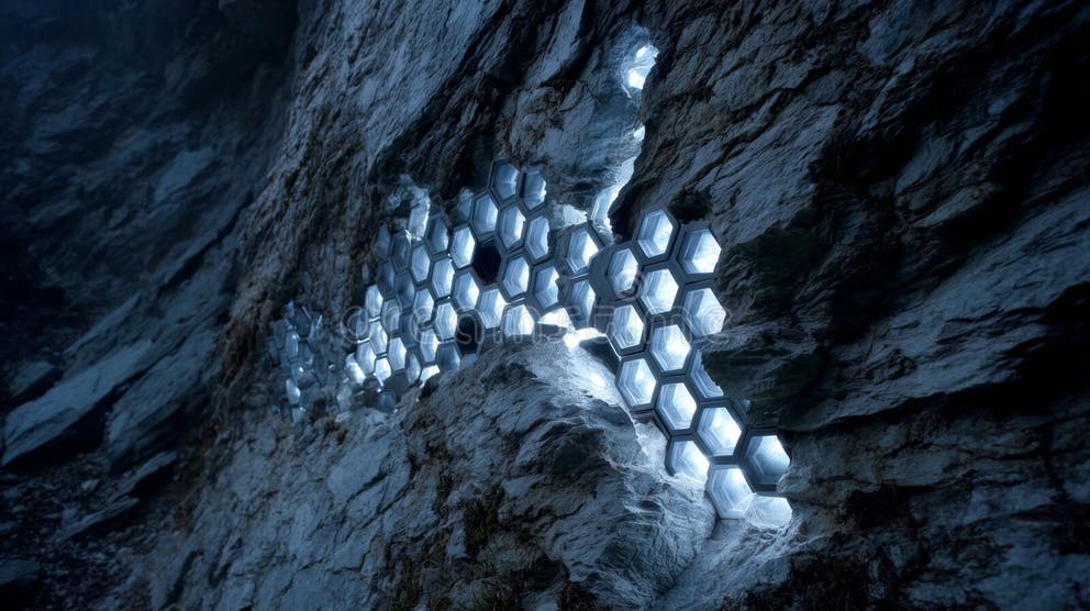 Robotic Surveillance Hive Embedded in Rocky Wall Pulsating with Vibrant ...