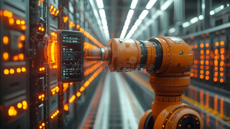 Robotic System Analyzing Data in a High-tech Server Room during the Day ...
