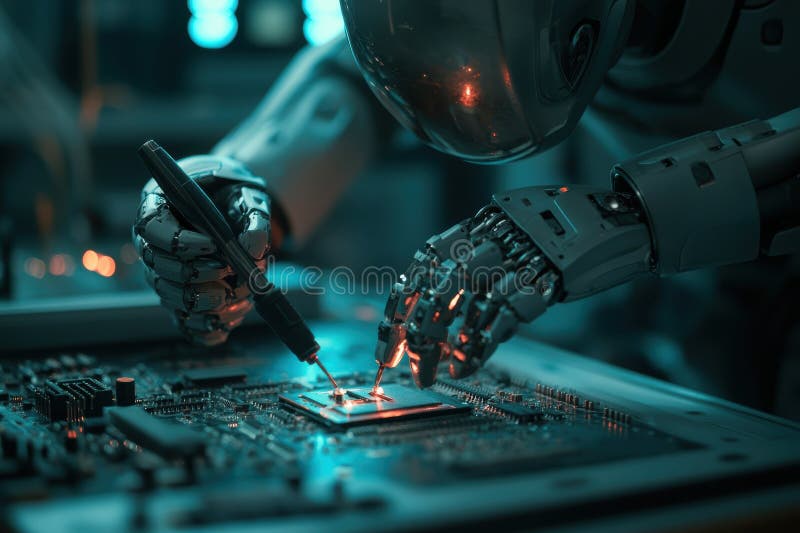 Robotic Technician Repairing Motherboard in a High-tech Electronics Lab ...