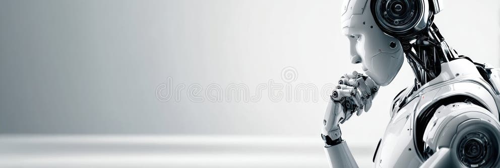 Robotic Thinker Reflecting in a Minimal White Space Setting, Showcasing ...