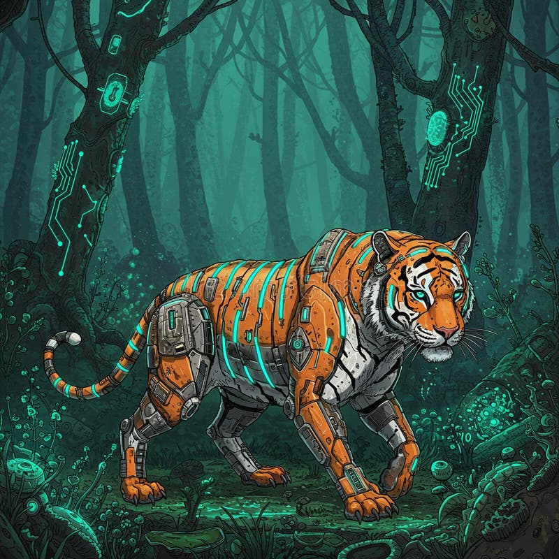 A Robotic Tiger is Depicted in a Digital Forest Setting. the Tiger ...