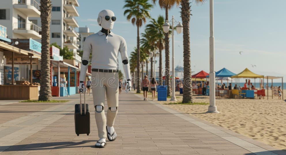 Robotic Tourist Strolling Along Sunny Beachfront Boulevard Stock Image ...