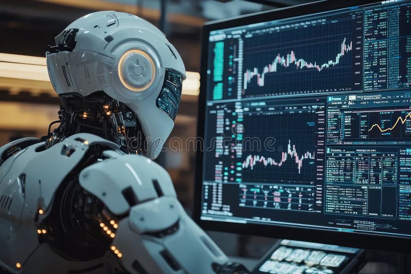 Robotic Trader Analyzing Stock Market Data on Digital Dashboard ...