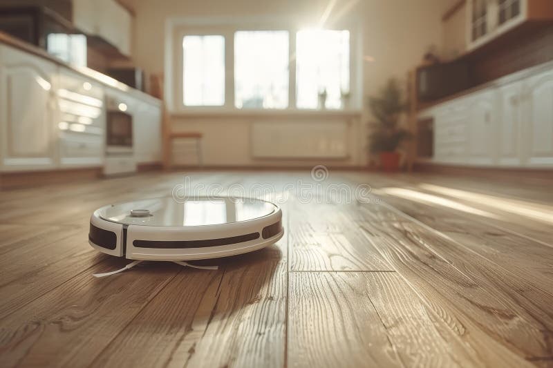 Robotic Vacuum Cleaner in Action, Close Up of Floor Cleaning for ...