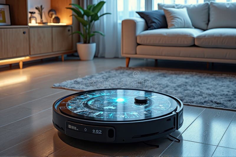 Robotic Vacuum Cleaner Navigating Modern Living Room with Smart ...
