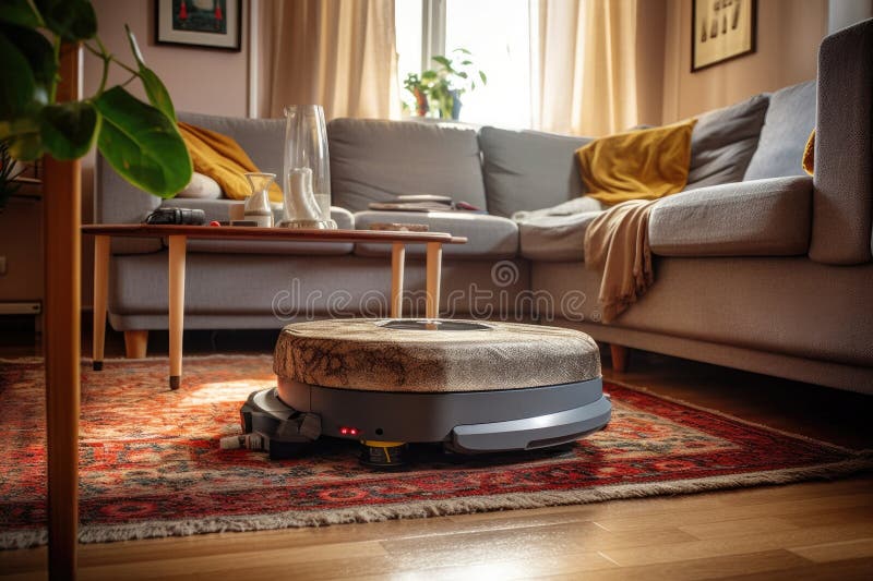 Robotic Vacuum Cleaning Under a Sofa in a Cozy Home Stock Illustration ...