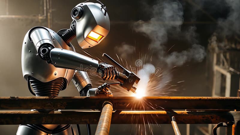 A Robotic Welder Performing Various Industrial Tasks in a Workshop ...