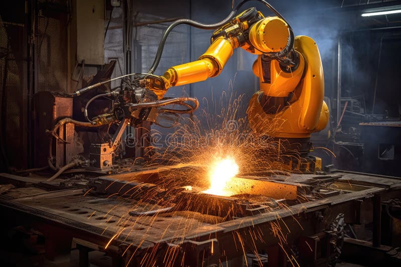 Robotic Welding Arm Working on a Metal Robot Frame Stock Illustration ...