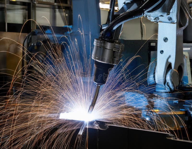 Robotic Welding Process Creating Sparks in an Industrial Workshop ...