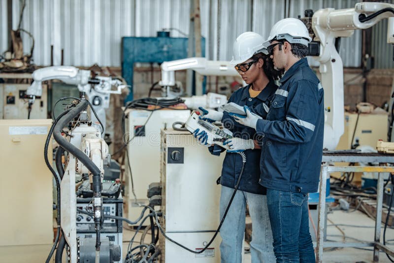 The Robotic Welding Supervisor Advice Female Worker To Use a Remote ...