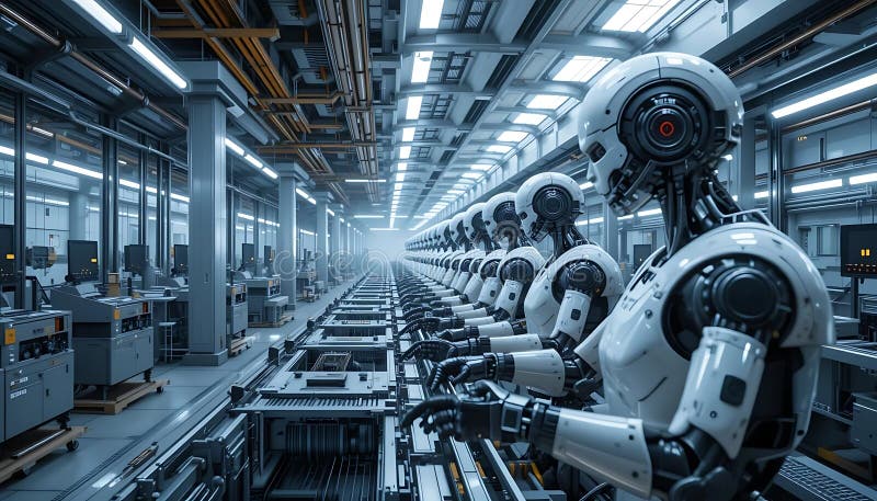 Robotic Workers Assemble Products in a Futuristic Factory Stock ...