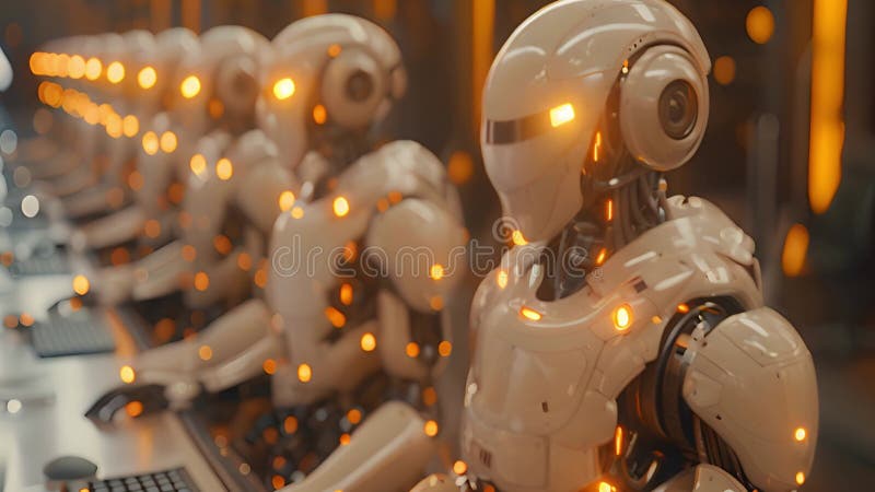 Robots Sit at Desks in an Office, Working on Computers Stock Footage ...