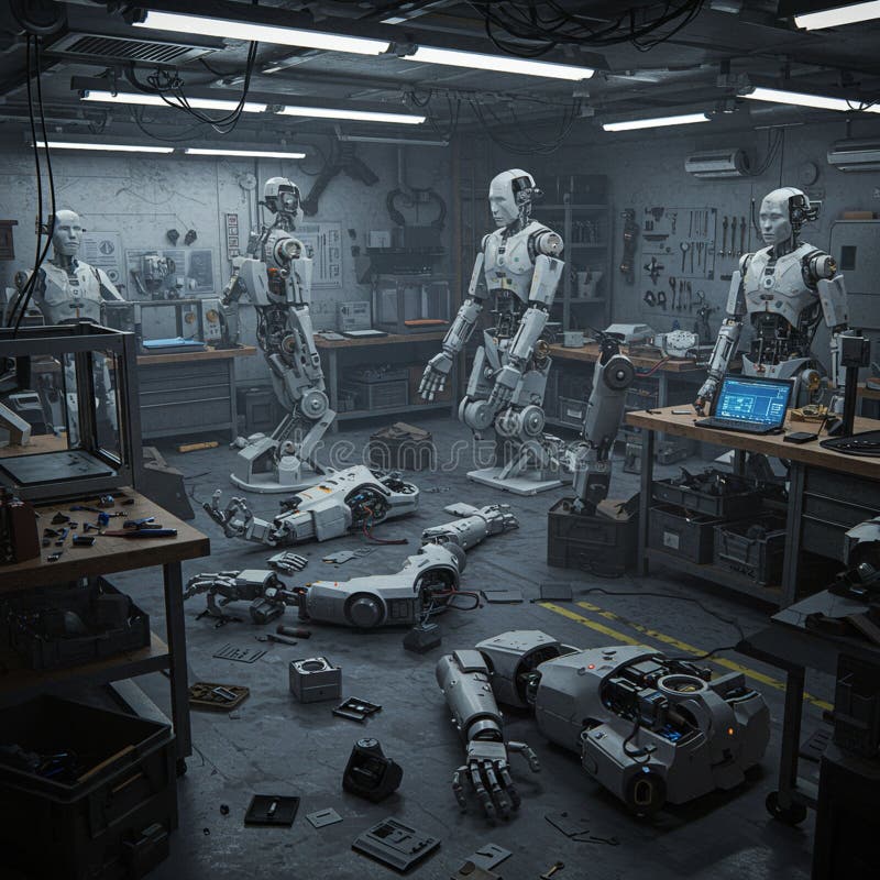 Robotic Workshop Featuring Humanoid Robots in Various Stages of ...