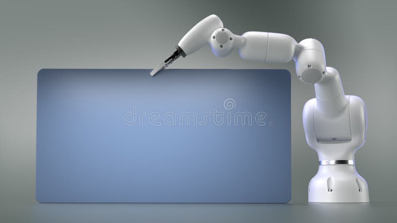 Robotics Arm Holding Blank Blue Boards on Grey Background. Stock ...