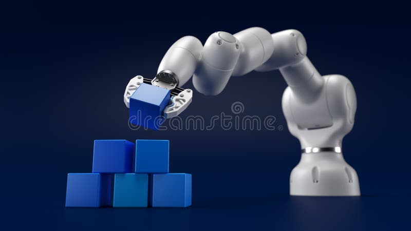Robotics Arm Stacking Blank Blue Cubic Blocks on Grey Background. Stock ...