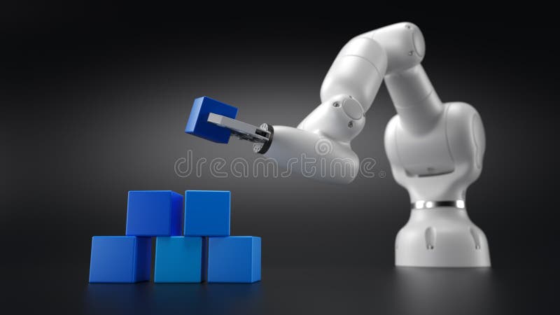 Robotics Arm Stacking Blank Blue Cubic Blocks on Grey Background. Stock ...