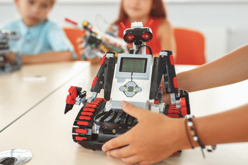 Robotics. Children Having Class Sitting Learning Kid with Robot Close ...