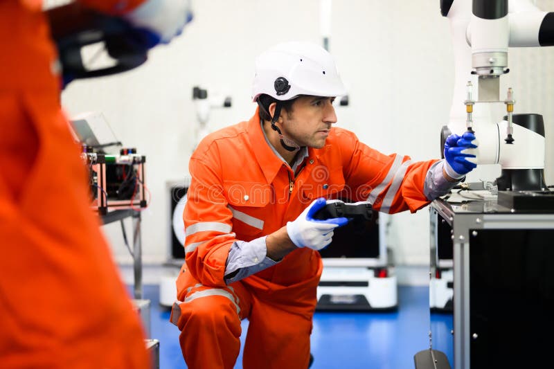 Robotics Controller Engineers Working and Solving Problems on Machine ...