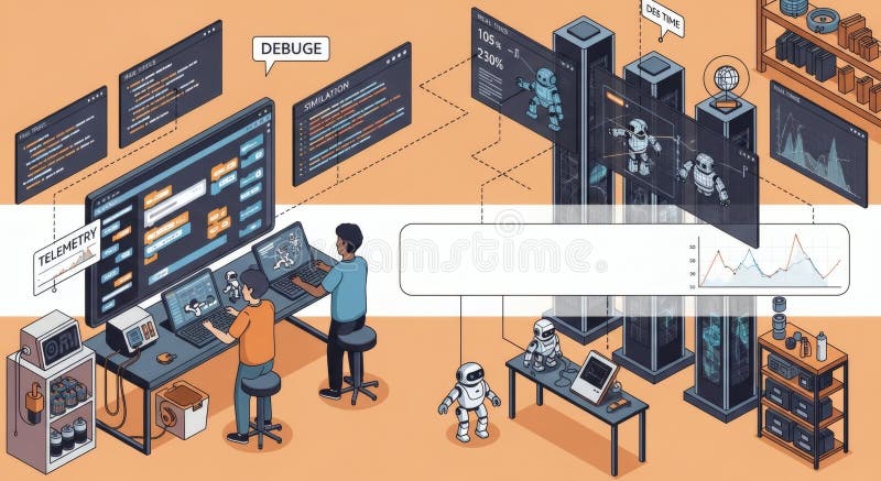 Robotics Development Lab: Coding, Simulation, and Debugging Stock Illustration - Illustration of ...