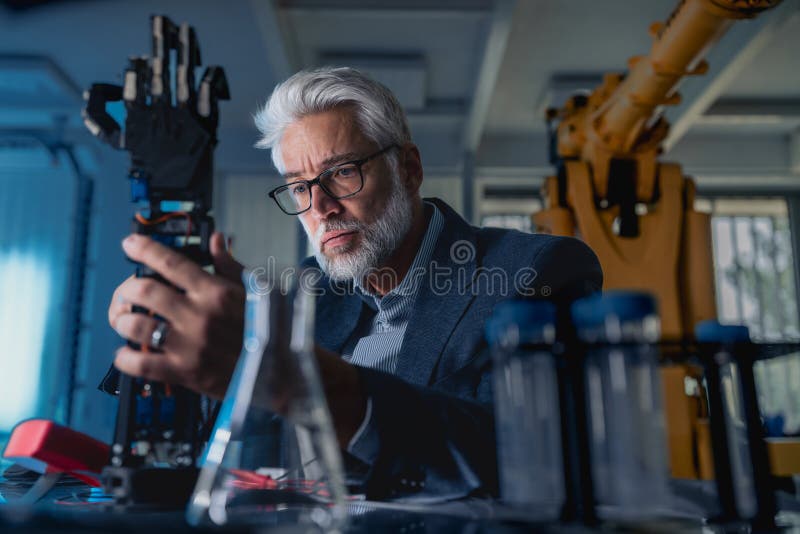 Robotics Engineer Adjusting, Calibring Robotic Prosthetic Hand. Concept ...