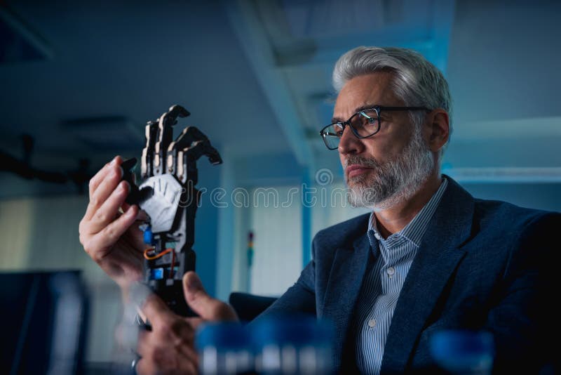 Robotics Engineer Adjusting, Calibring Robotic Prosthetic Hand. Concept ...