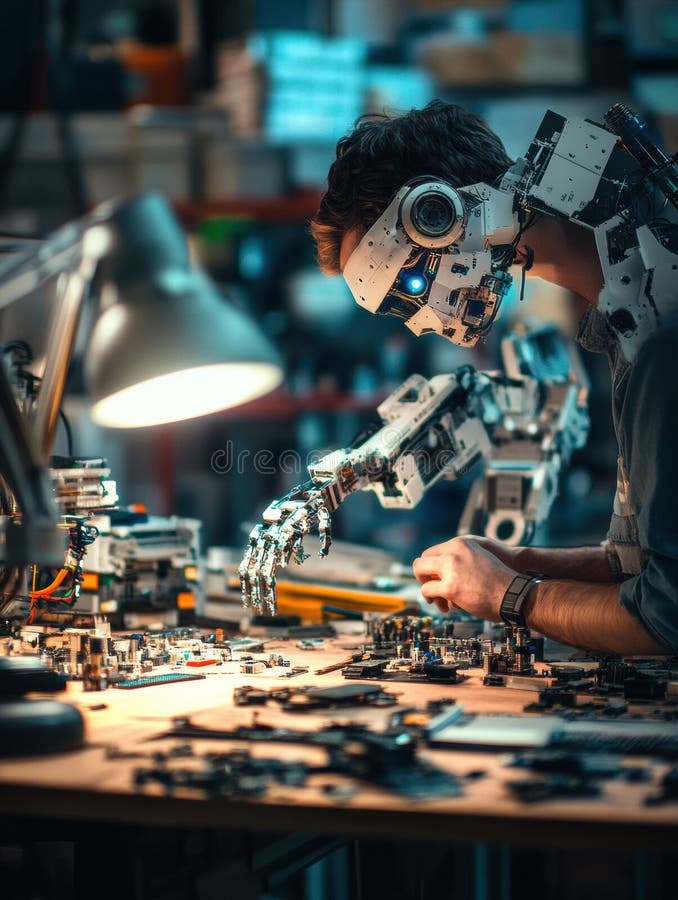 Robotics Engineer Assembling a Complex Robot at Workspace during ...