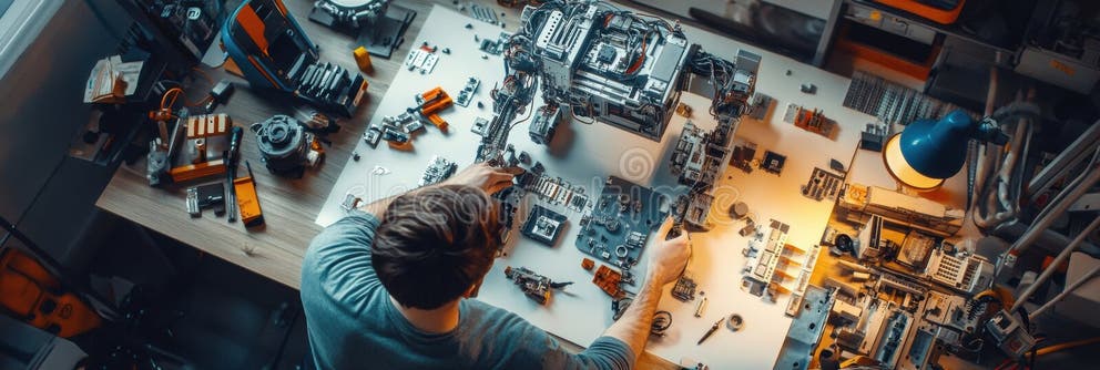 Robotics Engineer Assembling Intricate Robot Components in a Well ...