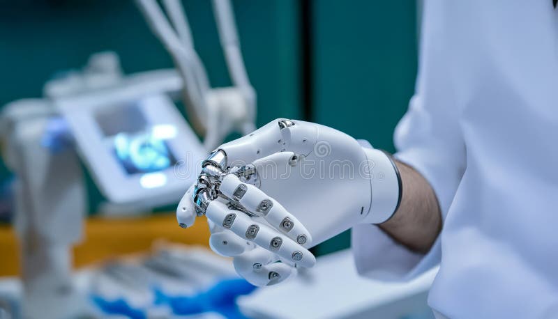 Robotics Engineer Calibrating a Robotic Prosthetic Hand, Showcasing ...