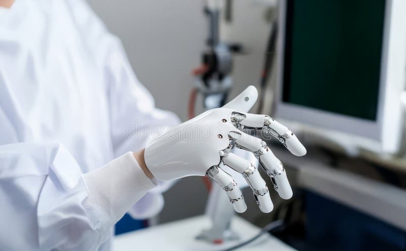 Robotics Engineer Calibrating a Robotic Prosthetic Hand, Showcasing ...