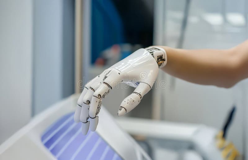 Robotics Engineer Calibrating a Robotic Prosthetic Hand, Showcasing ...