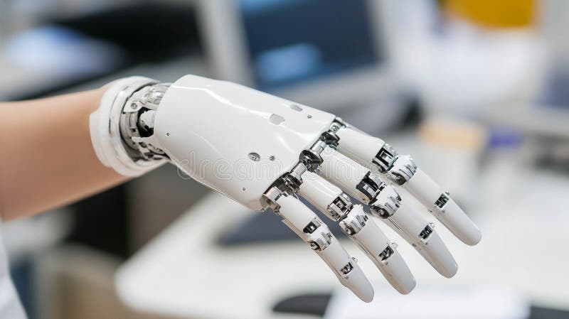 Robotics Engineer Calibrating a Robotic Prosthetic Hand, Showcasing ...