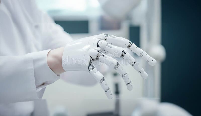 Robotics Engineer Calibrating a Robotic Prosthetic Hand, Showcasing ...