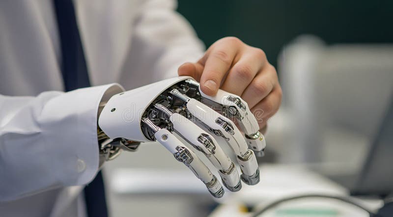 Robotics Engineer Calibrating a Robotic Prosthetic Hand, Showcasing ...