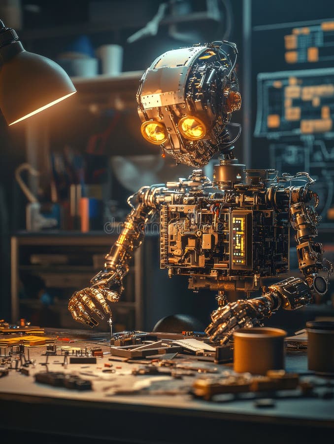 Robotics Engineer Diligently Assembling a Robotic Figure in a Well ...