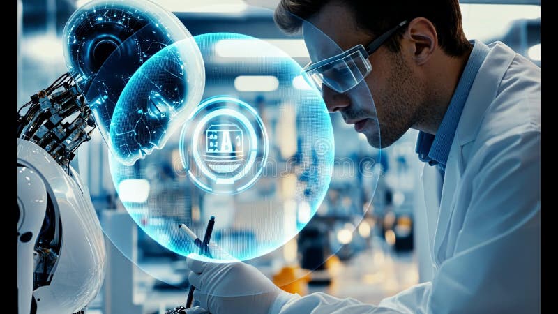 A Robotics Engineer in a Lab Coat Works on a Robot, a Common Scene in ...