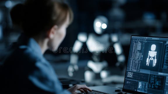 Robotics Engineer Programs Humanoid Robot with Advanced AI in Modern ...