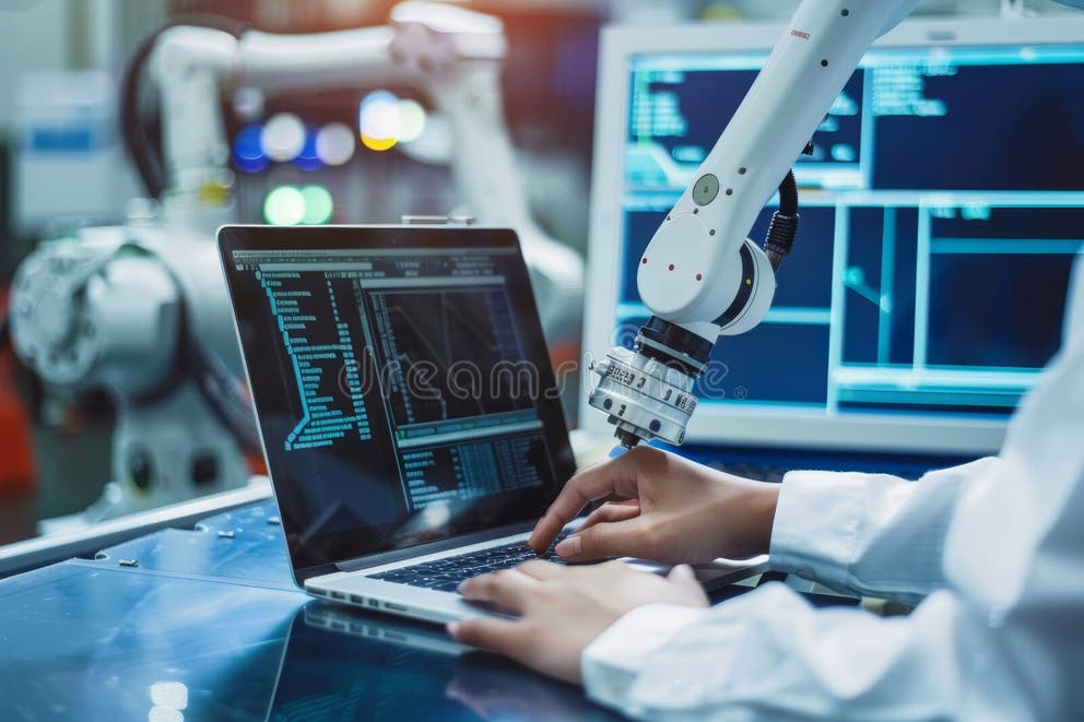 Robotics Engineer Programs Robotic Arm at Factory for Automation ...