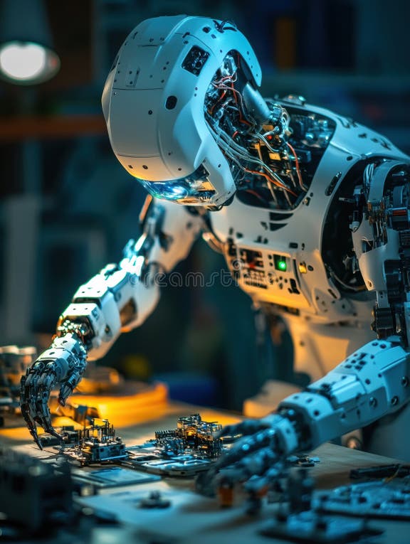 Robotics Engineer Skillfully Assembles a Complex Robot in a Workshop ...