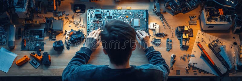 Robotics Engineer Works on Assembling a Complex Robot in a Well ...