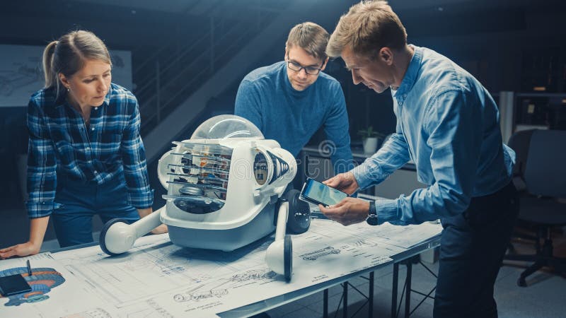 Robotics Engineering Facility Three Technical Engineers Talk and Work ...