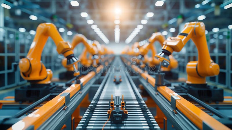 Robotics Factory with Automated Assembly Lines and Robots Programmed Stock Image - Image of ...